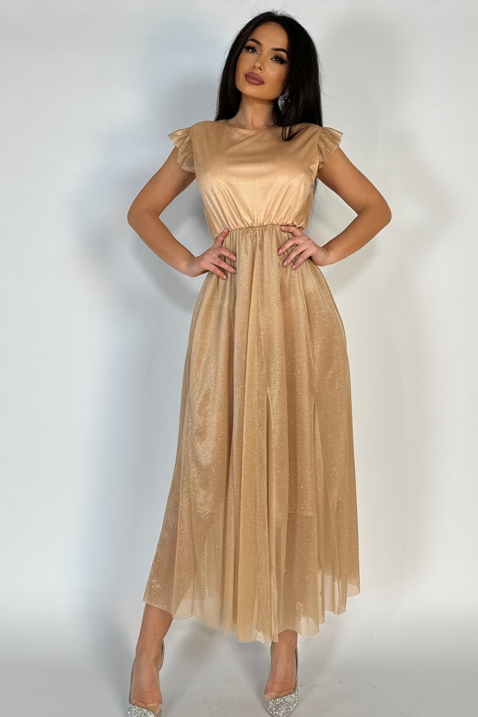 Rochie lunga eleganta fara maneci accesorizata cu sclipici Y653-8813