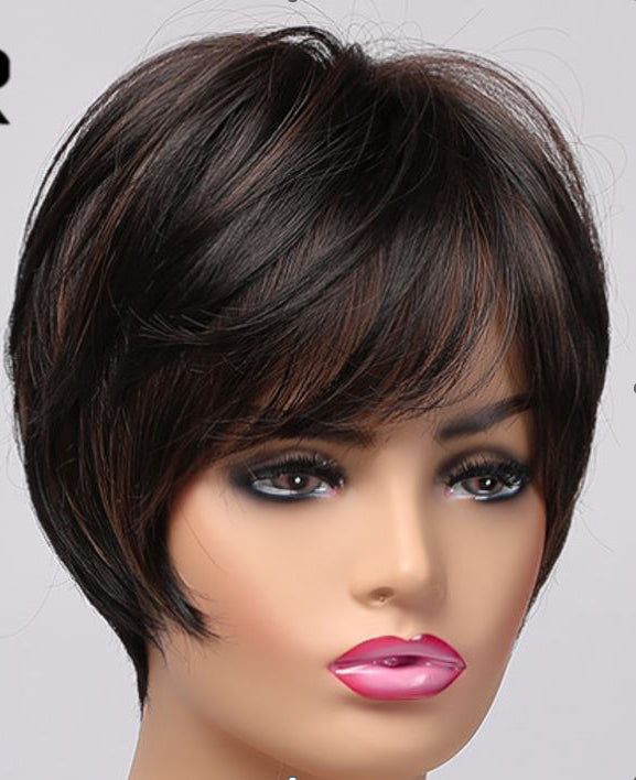 PER116-8888 Peruca saten inchis tunsa scurt cu perciuni si breton